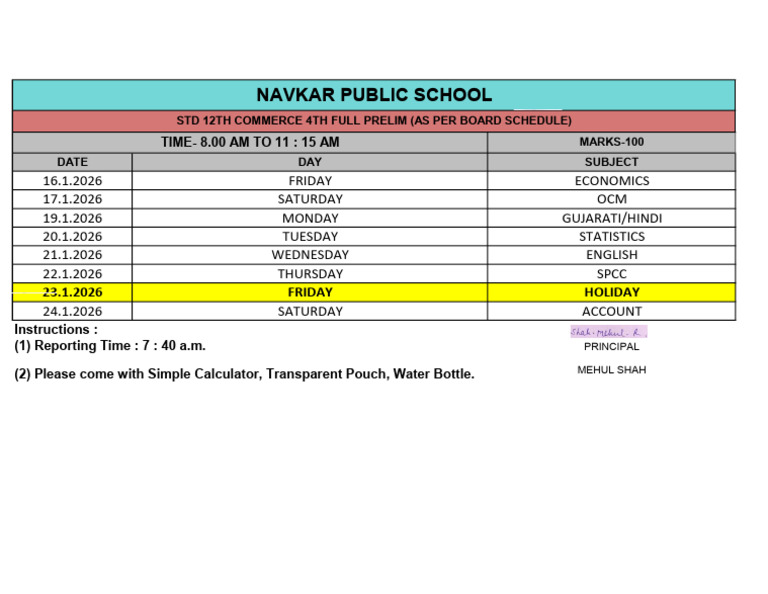 12th Commerce Prelim - 4 Time Table | PDF