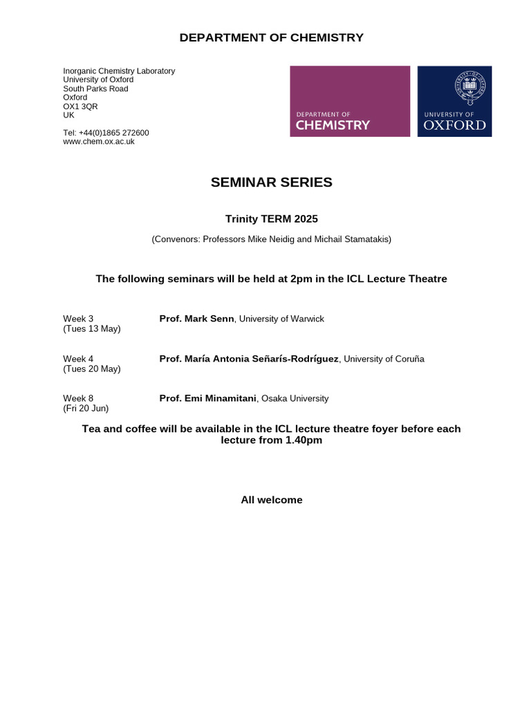 Inorganic Chemistry - Trinity Term 2025 Seminars | PDF