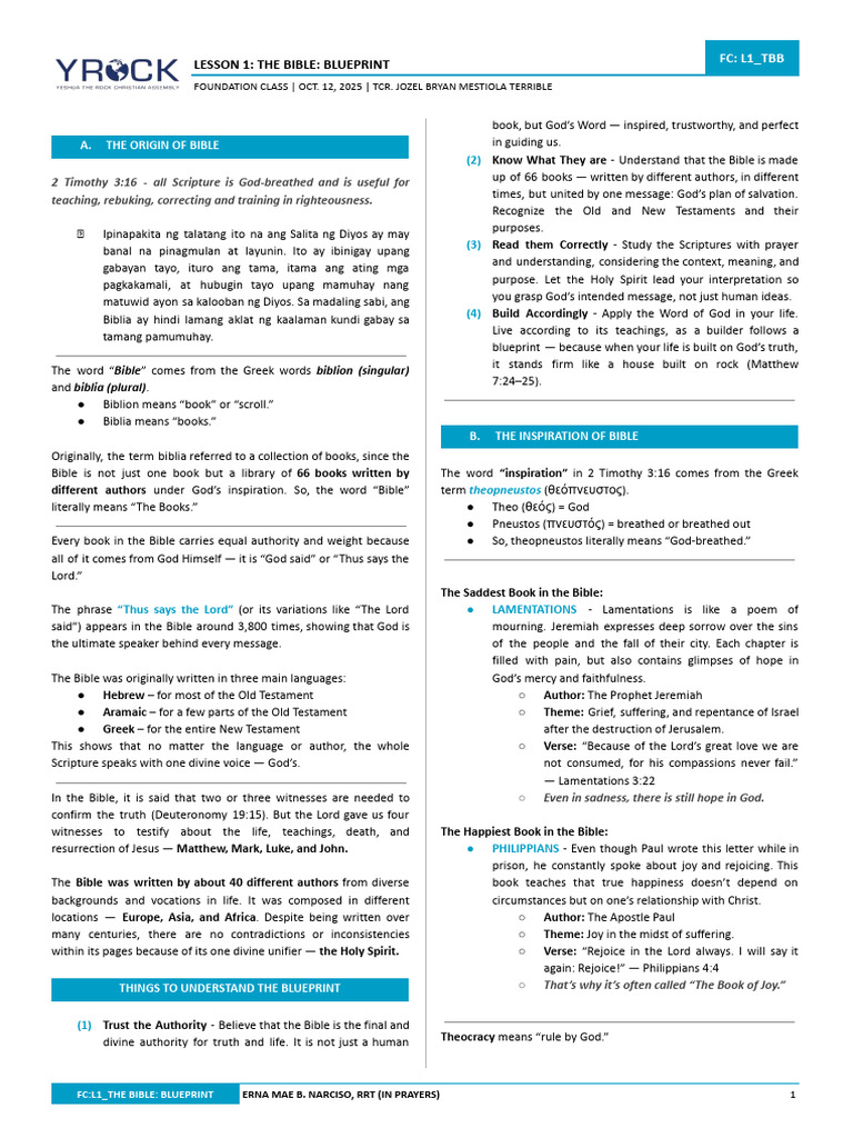 [FC] YROCK Theology Class 1 | PDF | Bible | Revelation