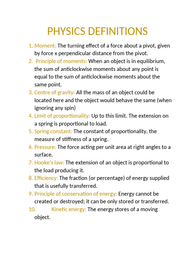 Physics Definitions and Formulas | PDF