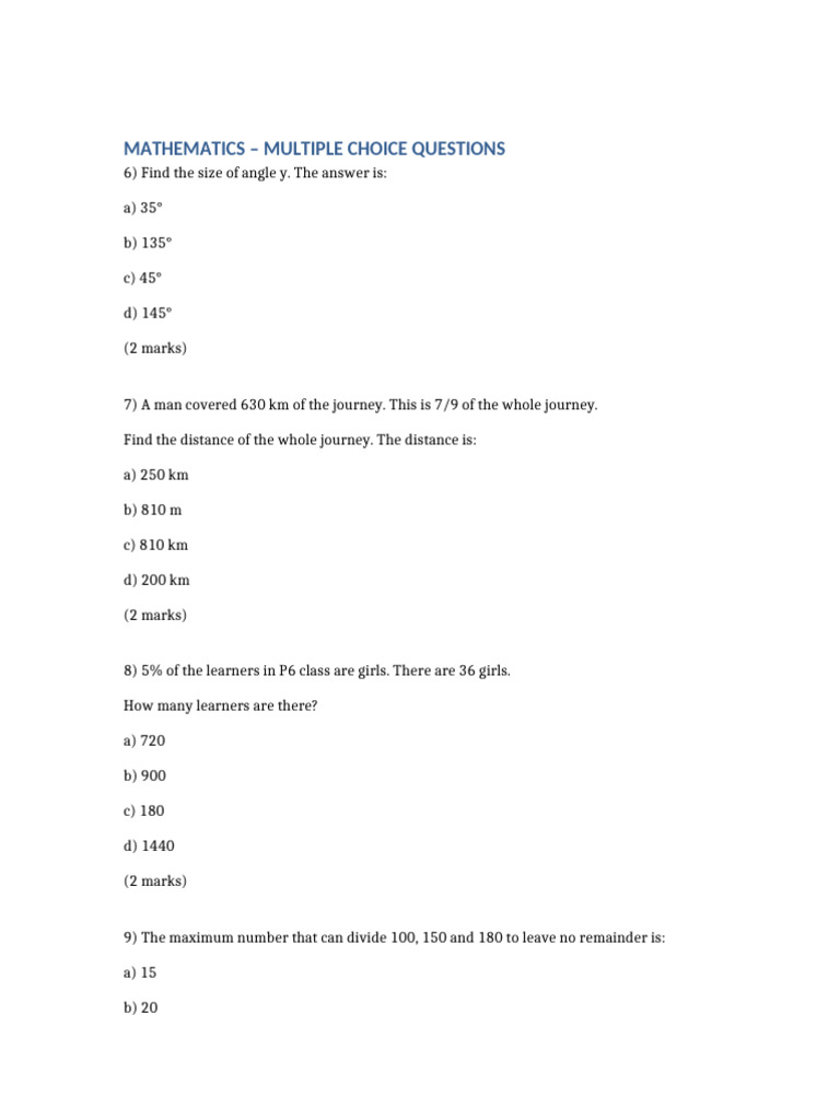 Mathematics Multiple Choice Questions | PDF