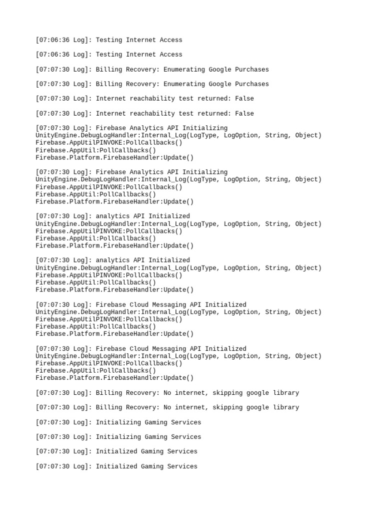 Internet Access and Firebase Initialization Logs | PDF