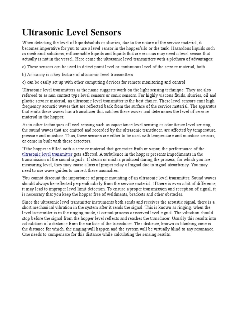 Ultrasonic Level Sensors | PDF | Technology & Engineering