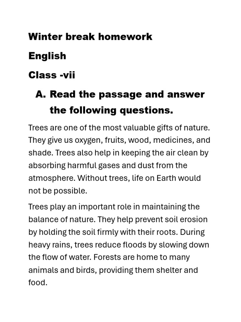 Winter Break Homework Class Vii ENG | PDF | Trees | Soil