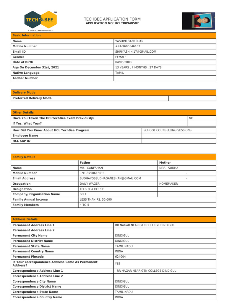 HCL TechBee Application Form Details | PDF