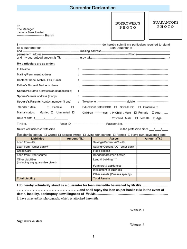 Guarantor Declaration Format | PDF | Loans | Money