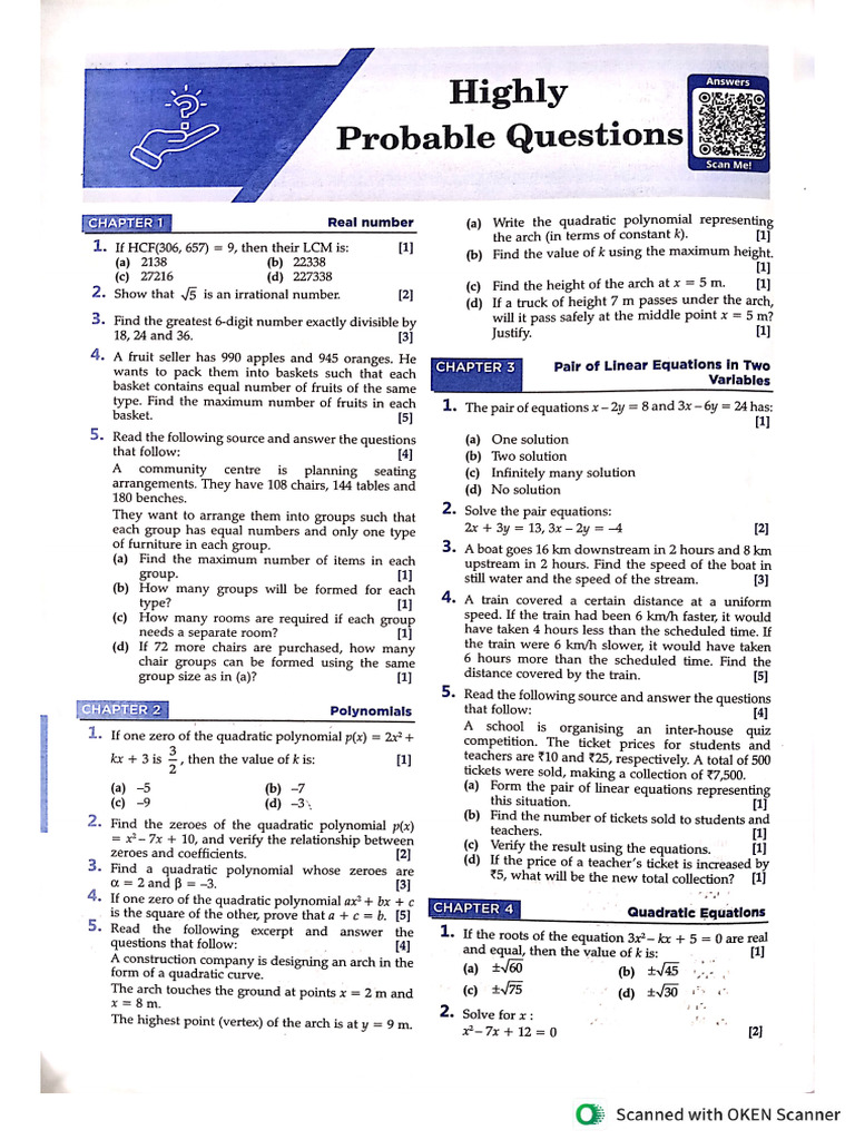 G10 Math Highly Probable Questions | PDF