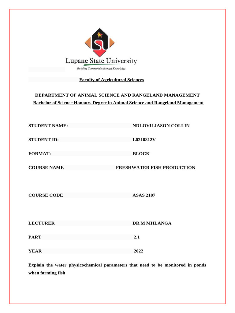 Ndlovu Jason Collin l0210812v Freshwater Fish Production | PDF | Water | Ph