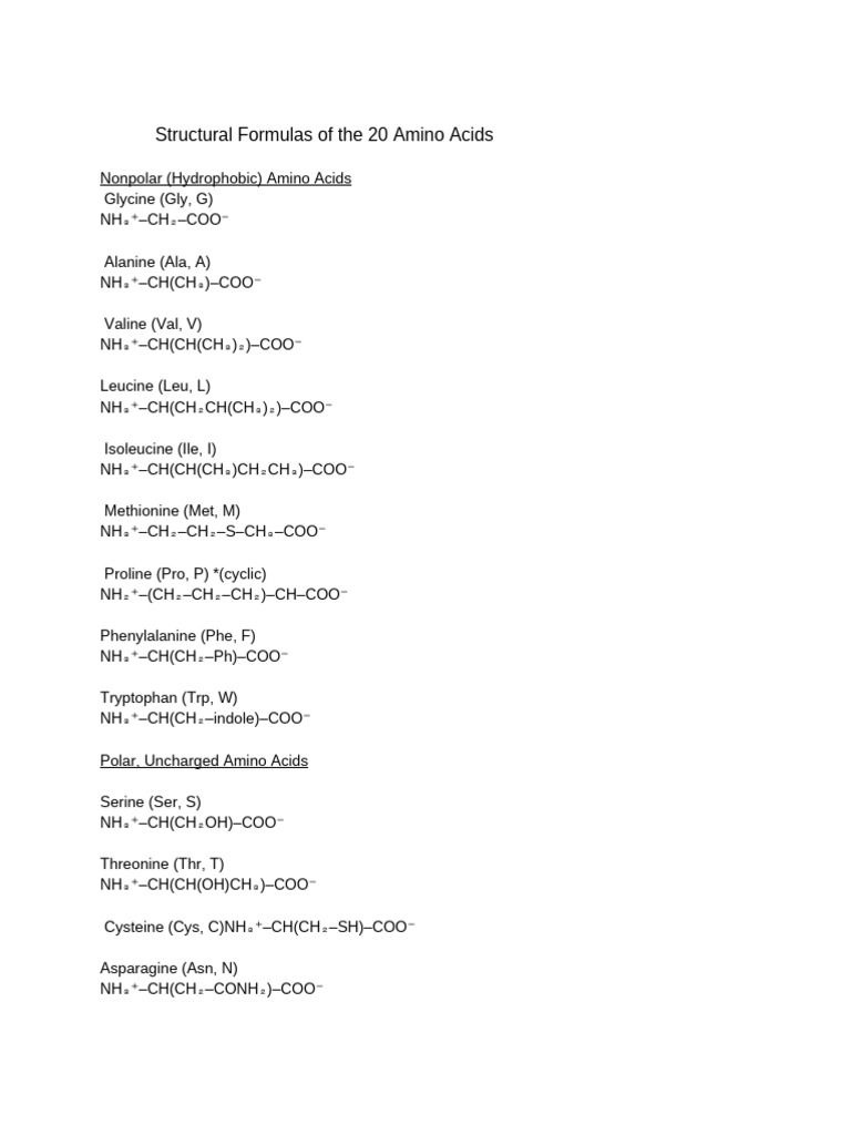 Structural Formulas of the 20 Amino Acids (1) | PDF