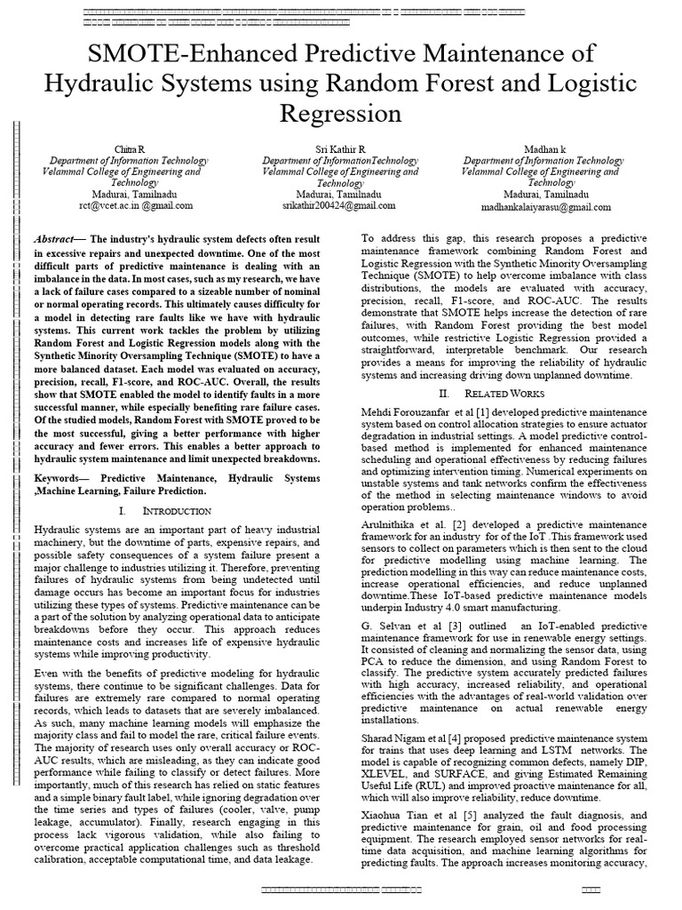 SMOTE-Enhanced Predictive Maintenance of Hydraulic Systems Using Random ...