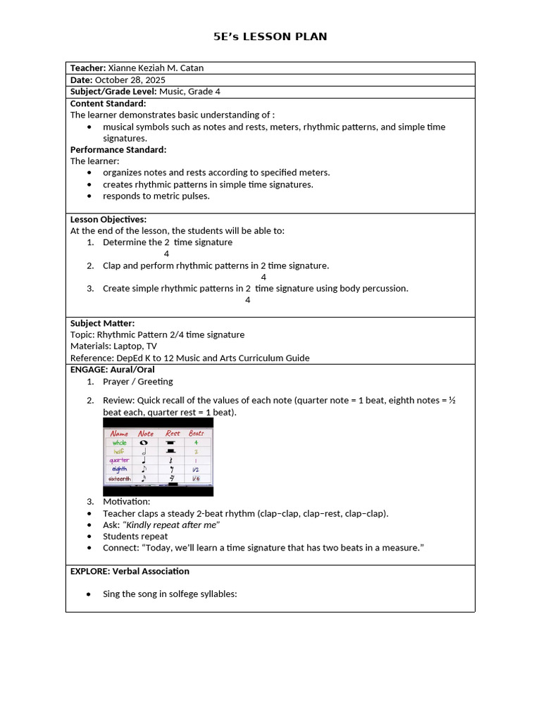 Semi Detailed Lesson Plan Music 4 | PDF | Rhythm | Learning