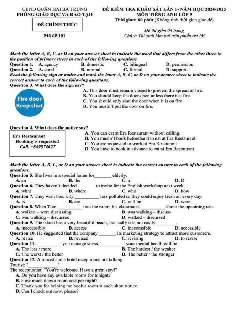 Đề Thi Thử Anh 9 Vào 10 Hai Bà Trưng Hà Nội 2025 (Có Giải Đáp) | PDF
