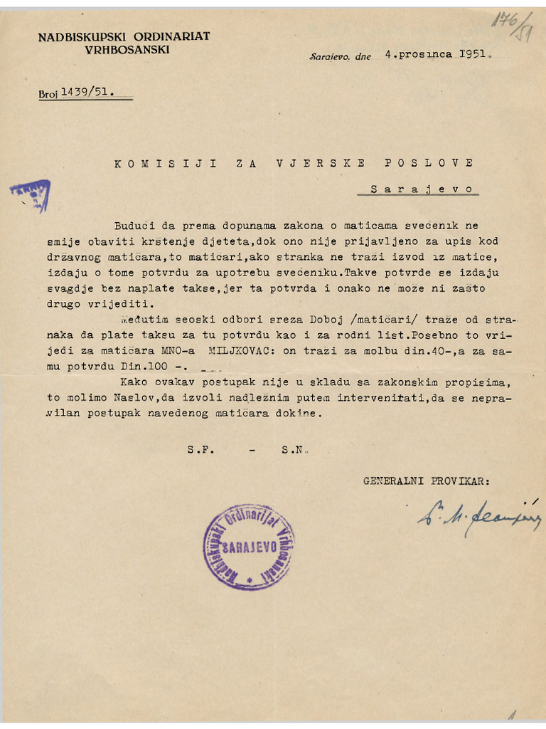 176 - 1 Vrhbosna, o Taksama Za Izvode Iz Matičnih Knjiga | PDF