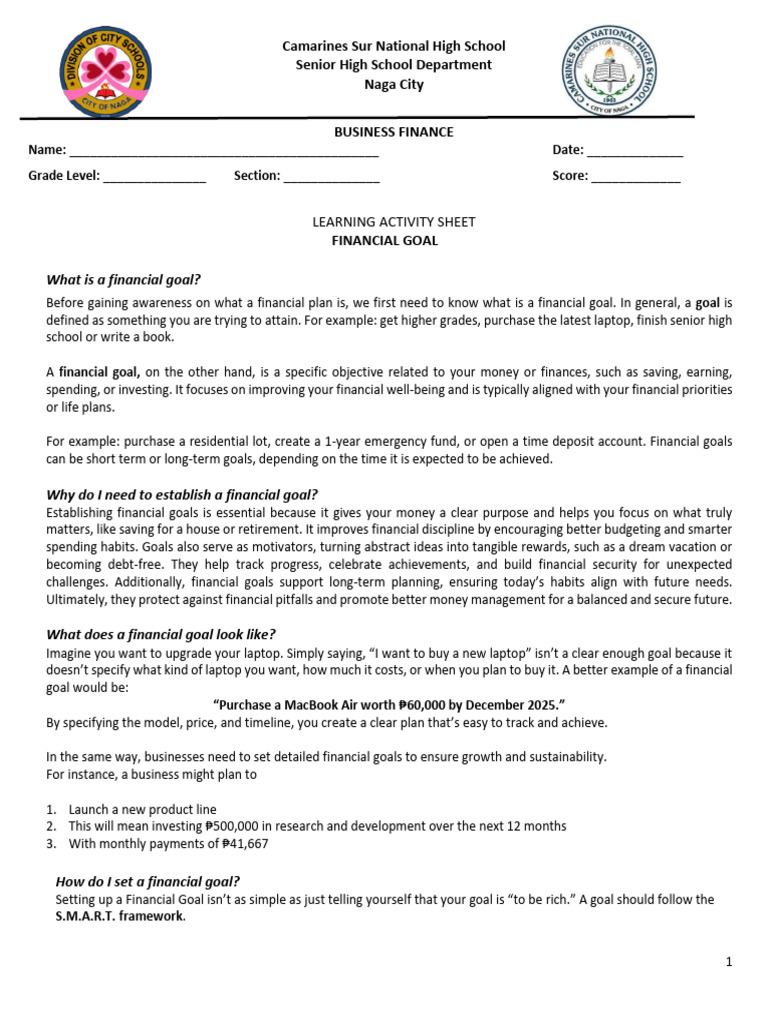 Business Finance Las 01 Financial Goal Edited 12.13.25 | PDF | Goal ...