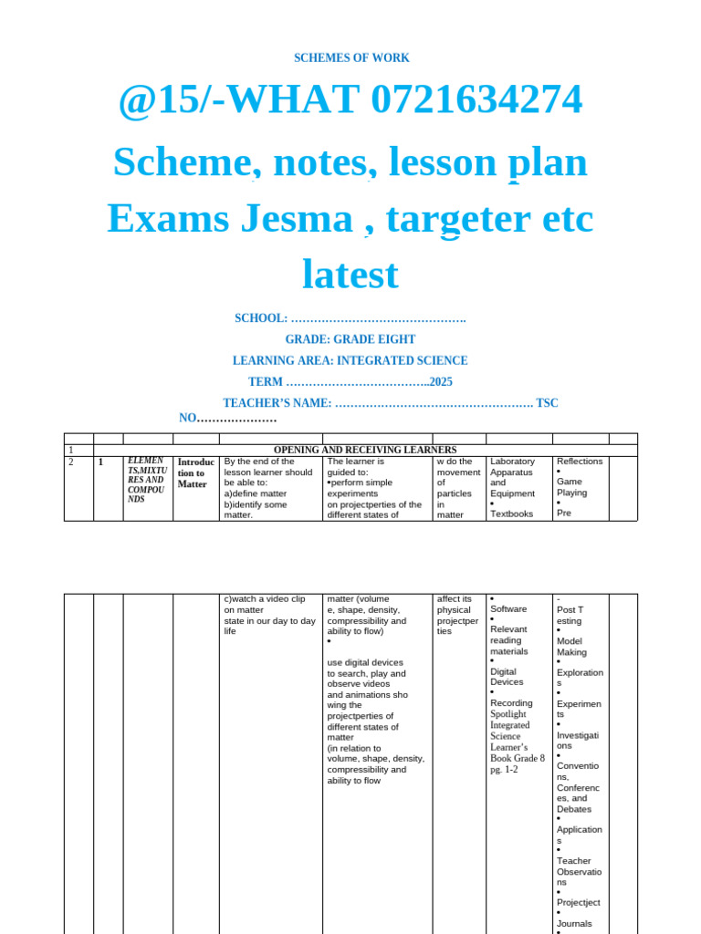 Grade 8 Integrated Science Schemes of Work Term 1 (1) | PDF | Matter ...