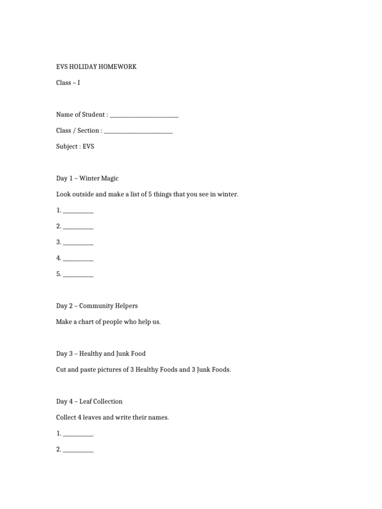 EVS Class 1 Holiday Homework | PDF