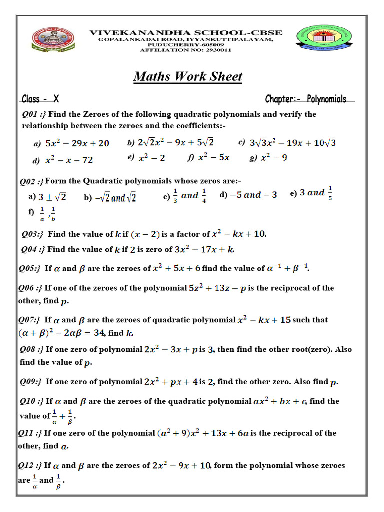 CBSE Class 10 Maths Worksheet - Polynomials (4) | PDF