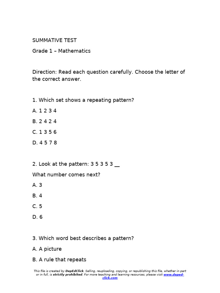 Grade 1 Math Patterns Test | PDF | Chess | Chess Theory