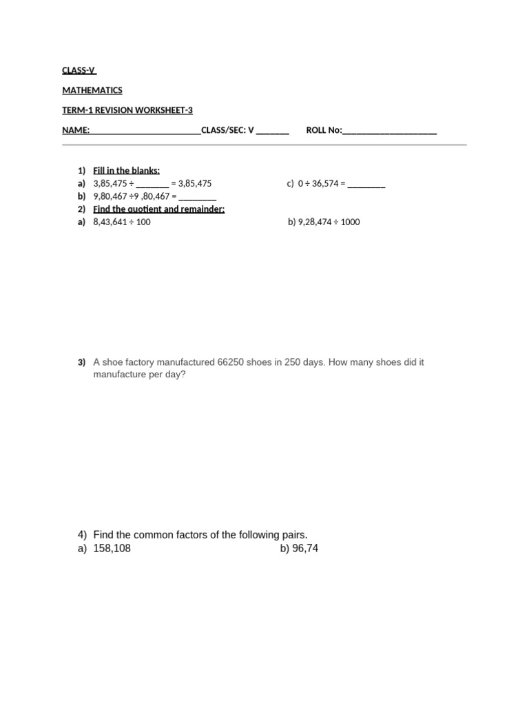 Class V Math Term 1 Revision Worksheet | PDF