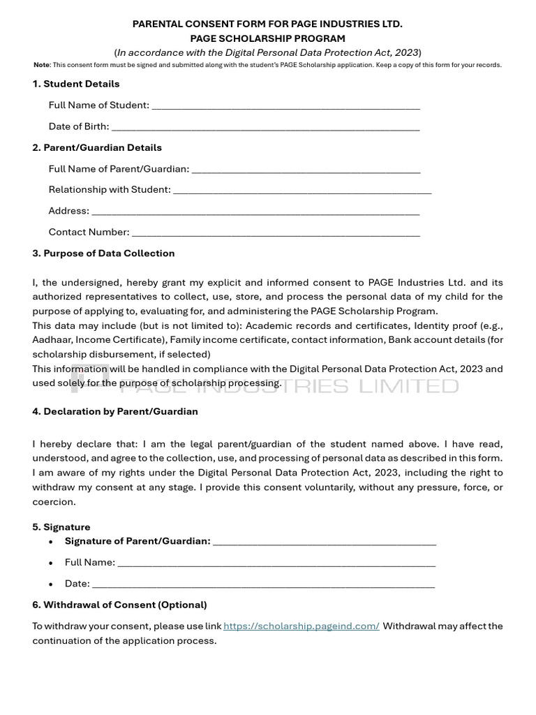 Parental Consent Form for Scholarship Application | PDF
