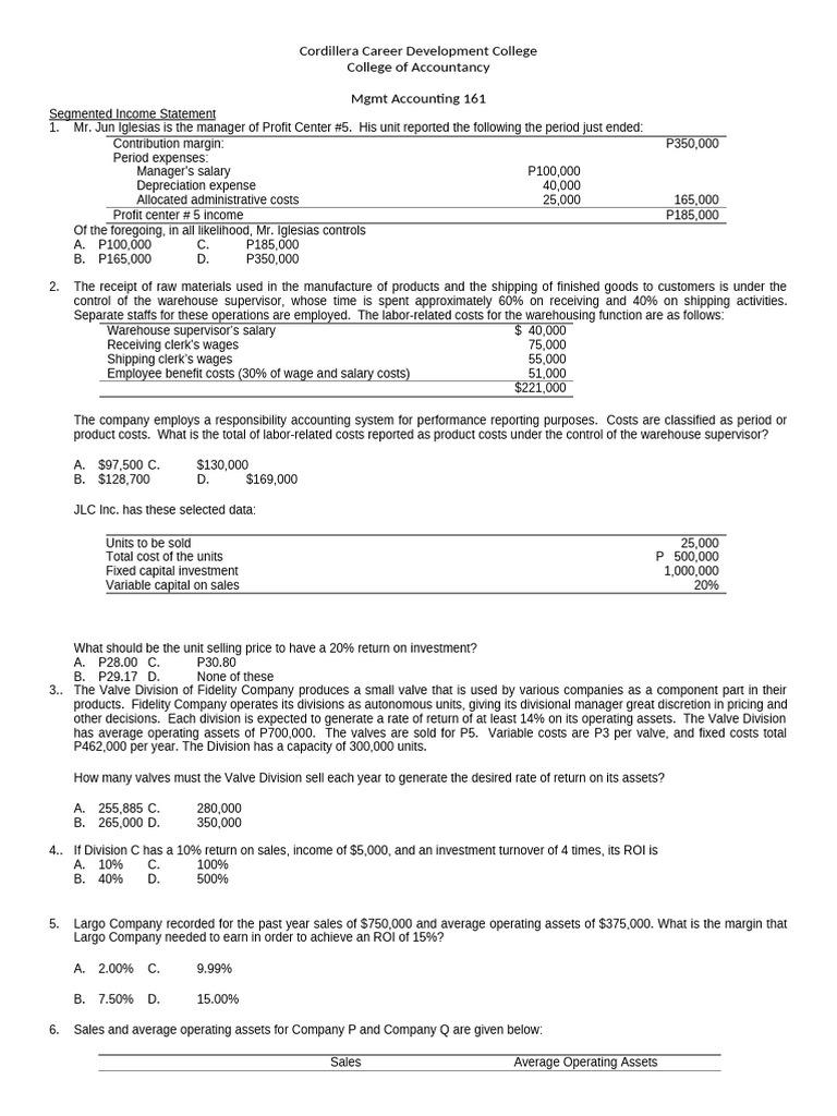 Mgmt-Acctg161-Exercises-Respon-Acctg-Transfer-Pricing-1No-Answer | PDF | Return On Investment ...