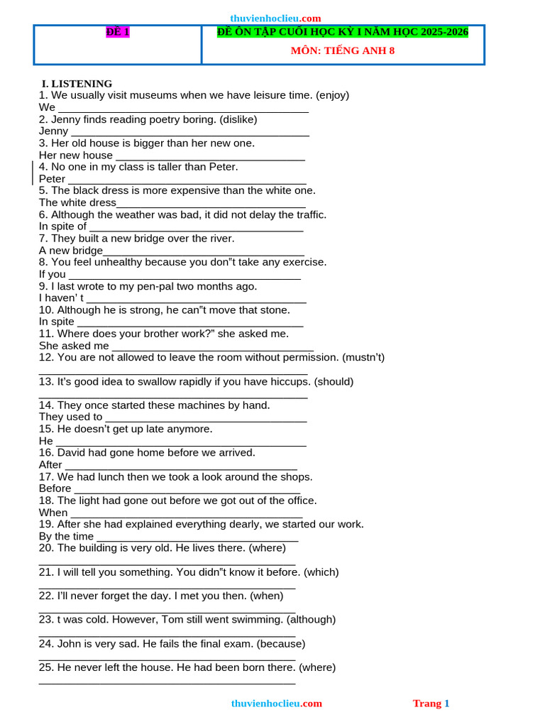 Thuvienhoclieu.com Bo 10 de on Tap Cuoi HK1 Tieng Anh 9 Nam 25 26 | PDF ...