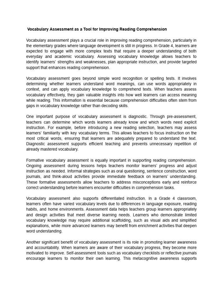 Vocabulary Assessment as a Tool for Improving Reading Comprehension ...