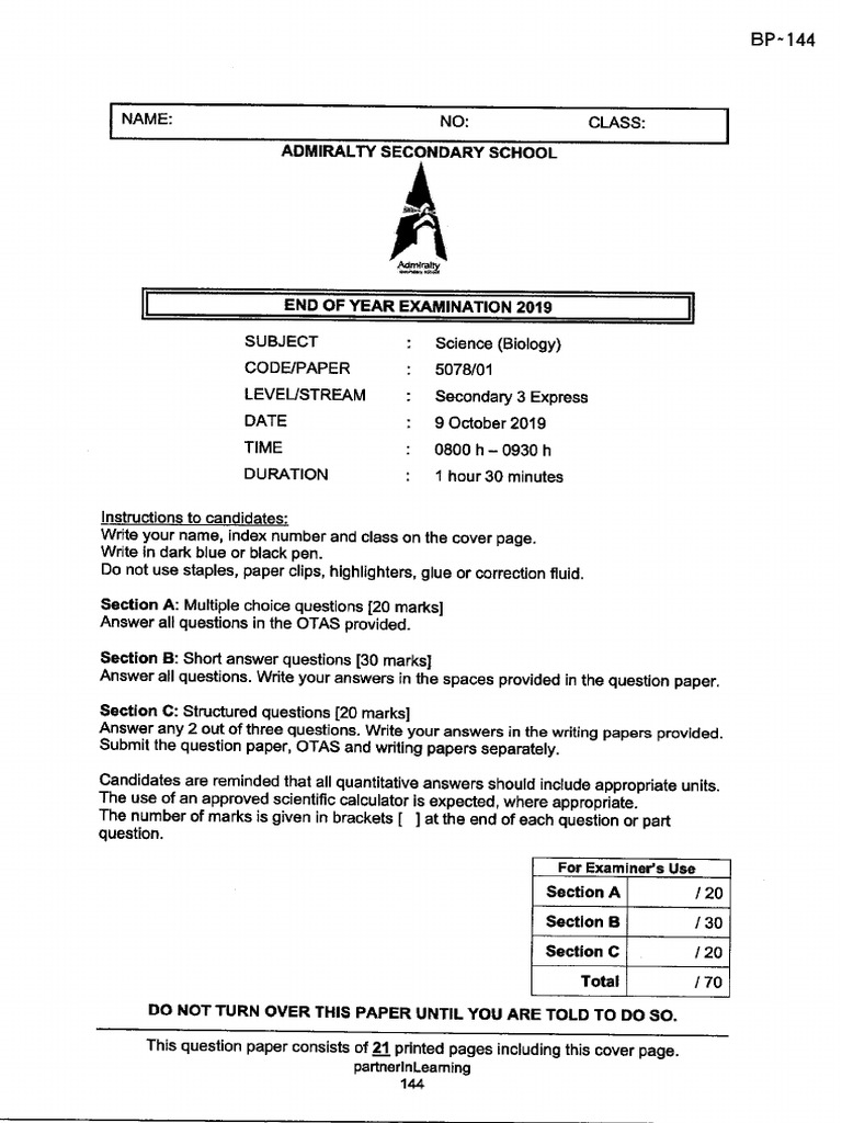 2019 Sec 3 Science Biology SA2 Admiralty Secondary | PDF