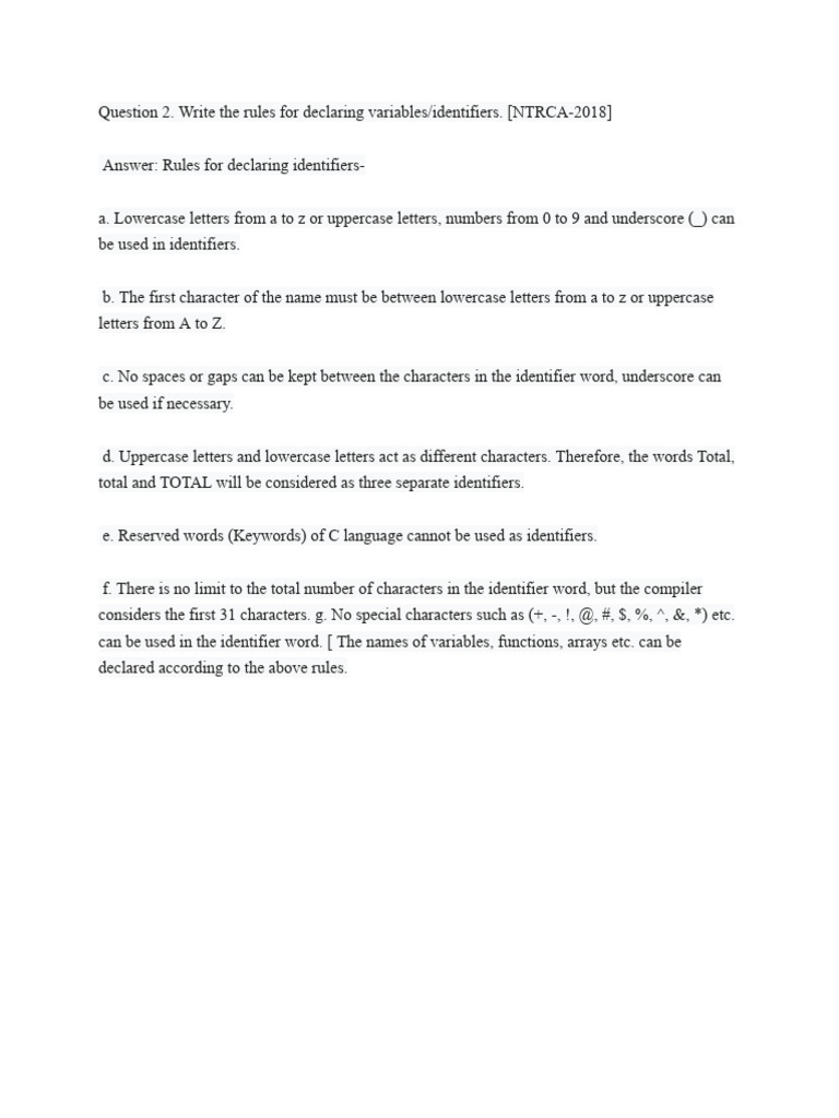 Identifier Declaration Rules in C | PDF
