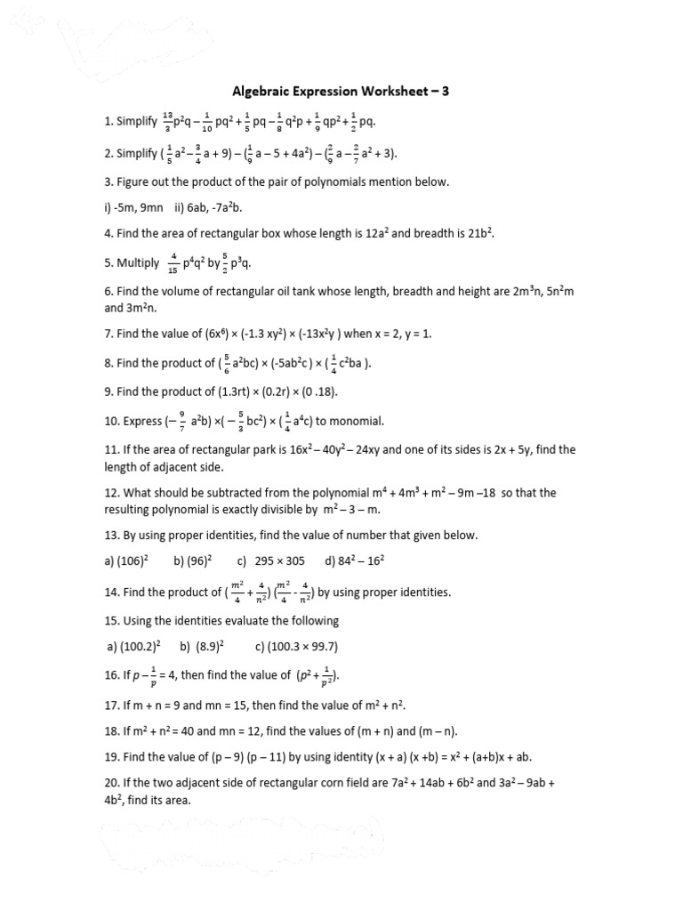 Algebraic Expressions Worksheet 3 | PDF