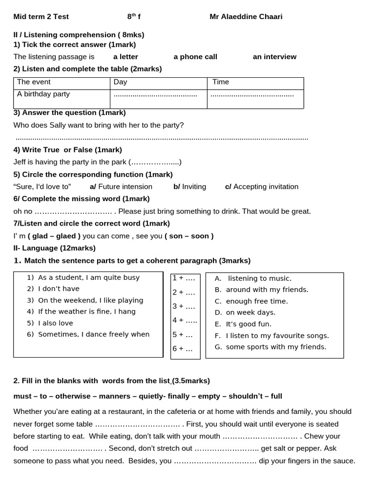 8th Grade Midterm Test Preparation | PDF | Dances