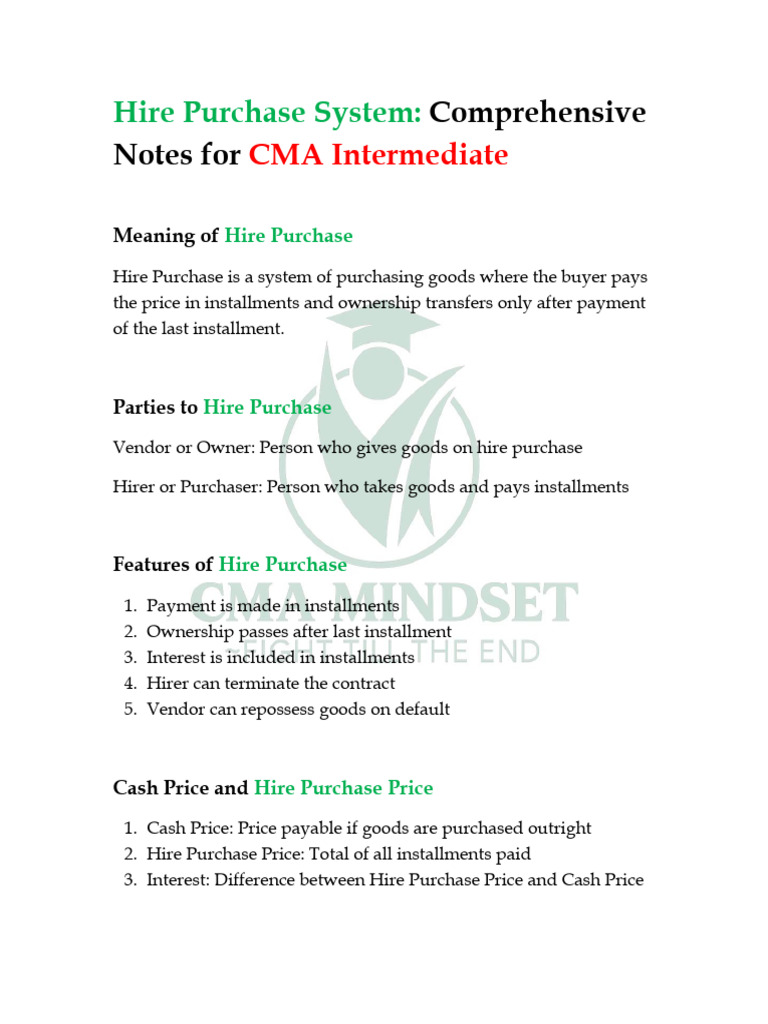 Hire Purchase System Explained for CMA | PDF