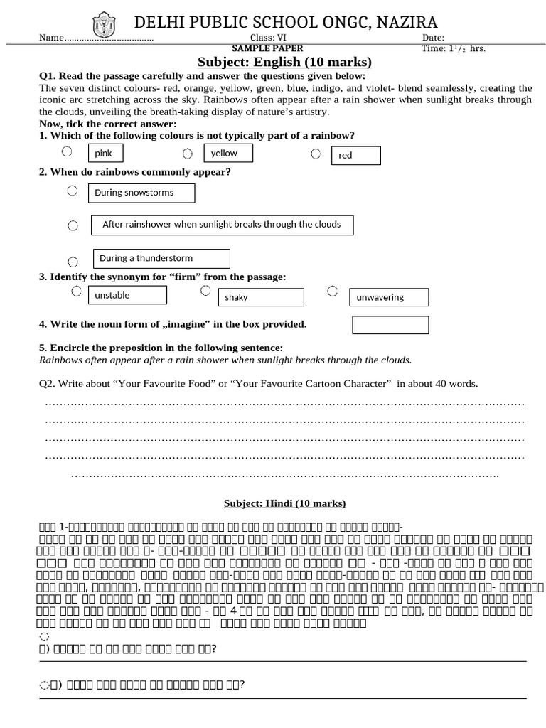 Sample ADMISSION TEST PAPER CLASS VI | PDF