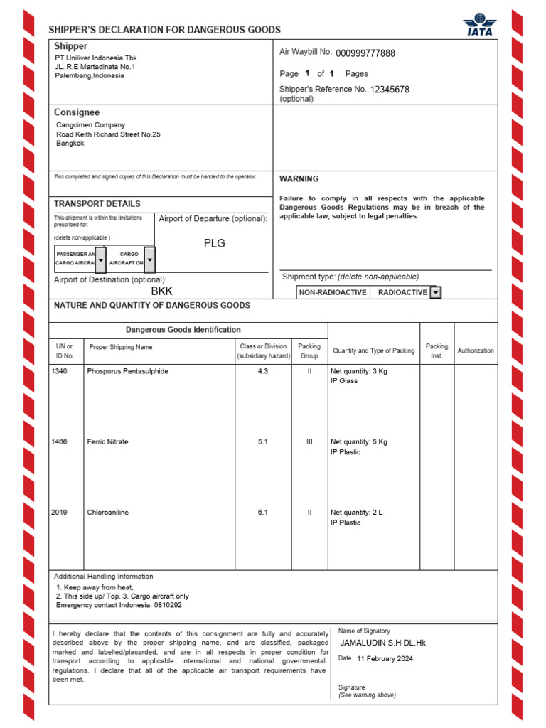 Dangerous Goods Shipment Declaration Form | PDF | Dangerous Goods | Cargo