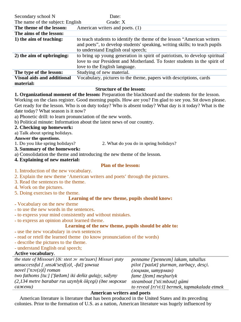 American Writers and Poets Lesson Plan | PDF | Mark Twain