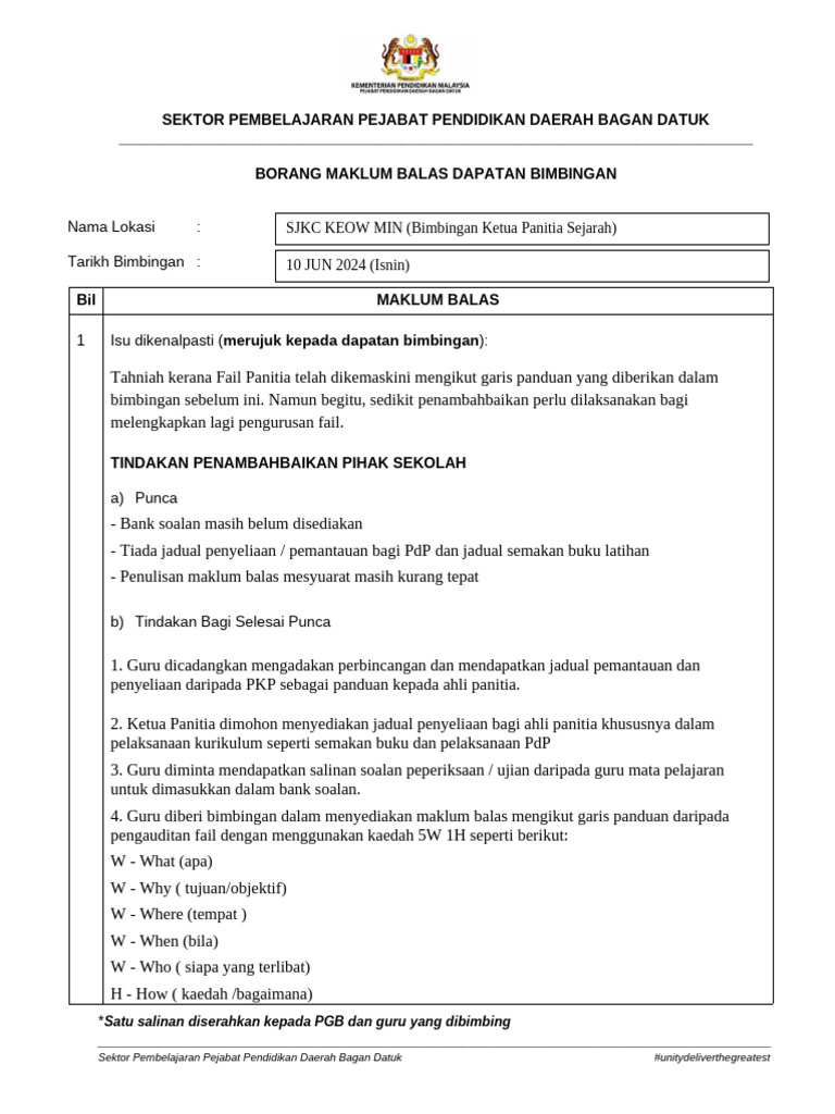 Borang Maklum Balas Dapatan Bimbingan Keow Min 10 Jun | PDF