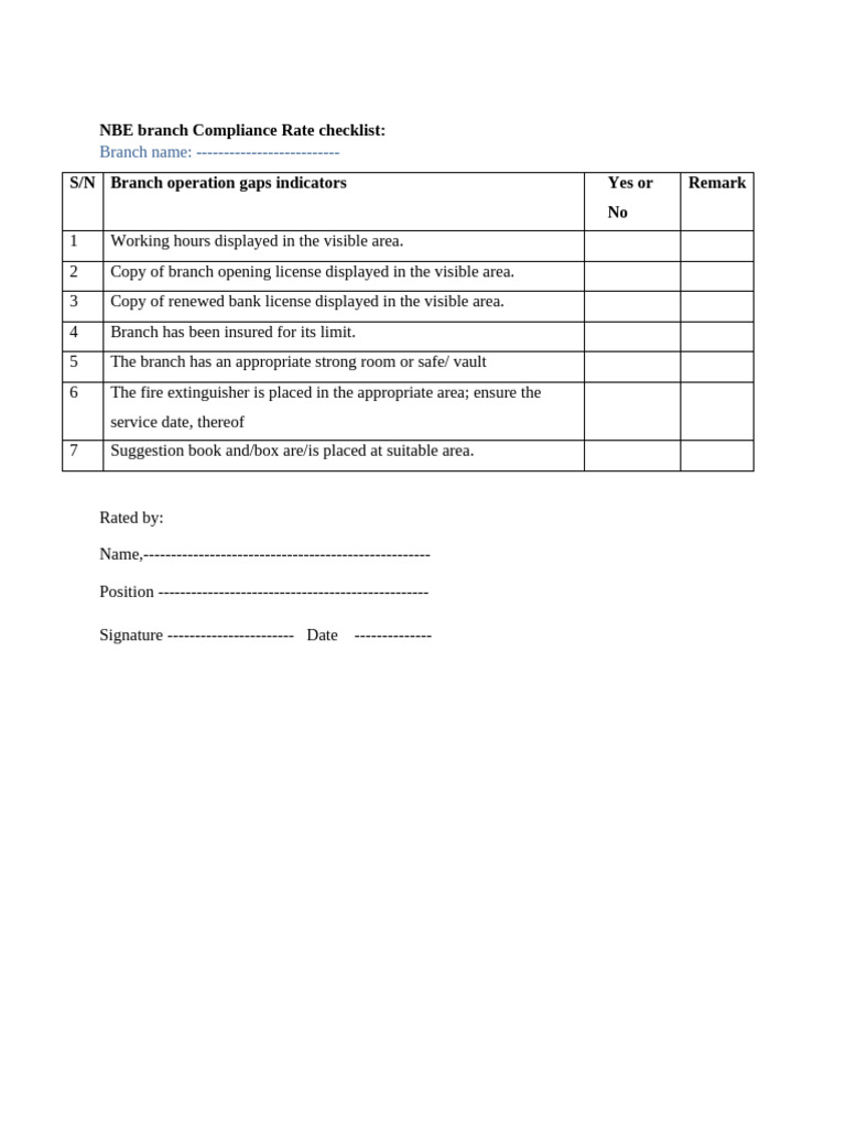 Branch Compliance Rate Checklist | PDF