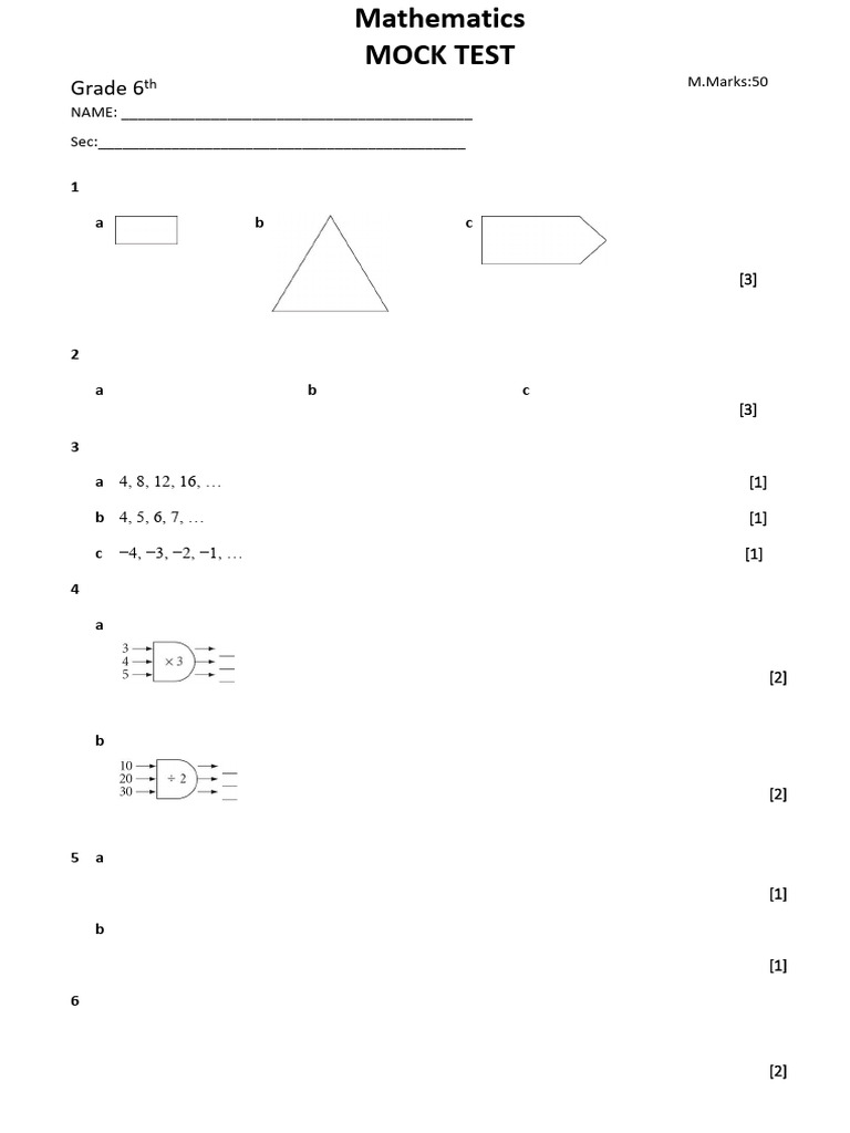 6th Grade Math Mock Test | PDF | Shape | Area