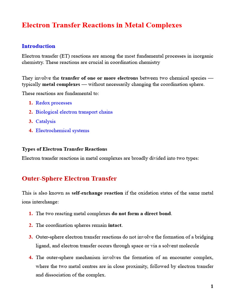 Electron Transfer Reactions in Metal Complexes | PDF | Coordination ...