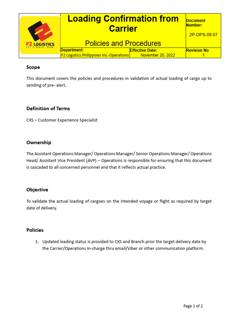 2P-OPS-09.07 REV 1 Loading Confirmation From Carrier | PDF | Cargo | Ships