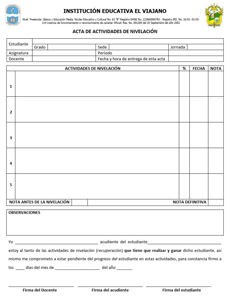 Acta de Actividadfes de Nivelación | PDF