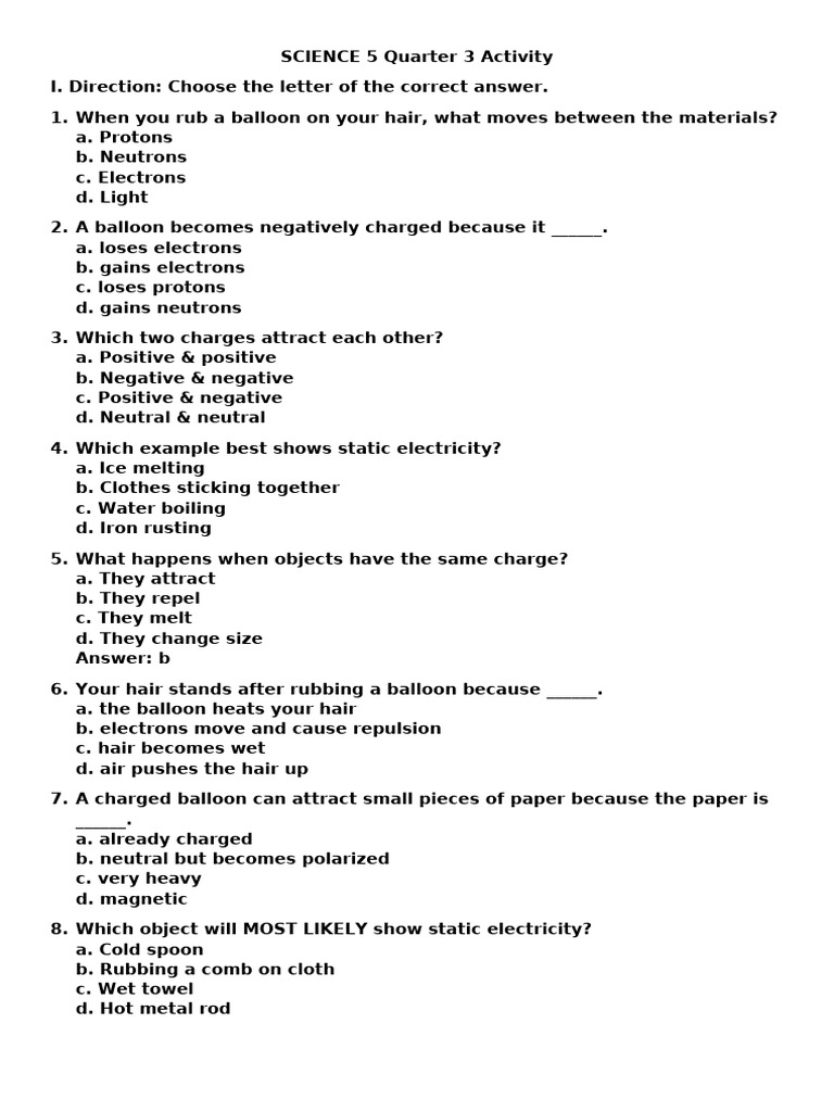 Static Electricity Activities for Kids | PDF | Electric Charge | Electron