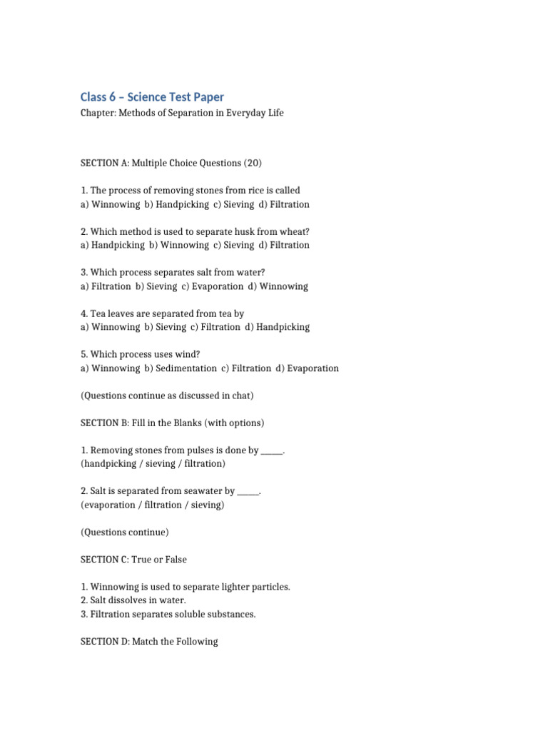Class 6 Methods of Separation Test Paper | PDF