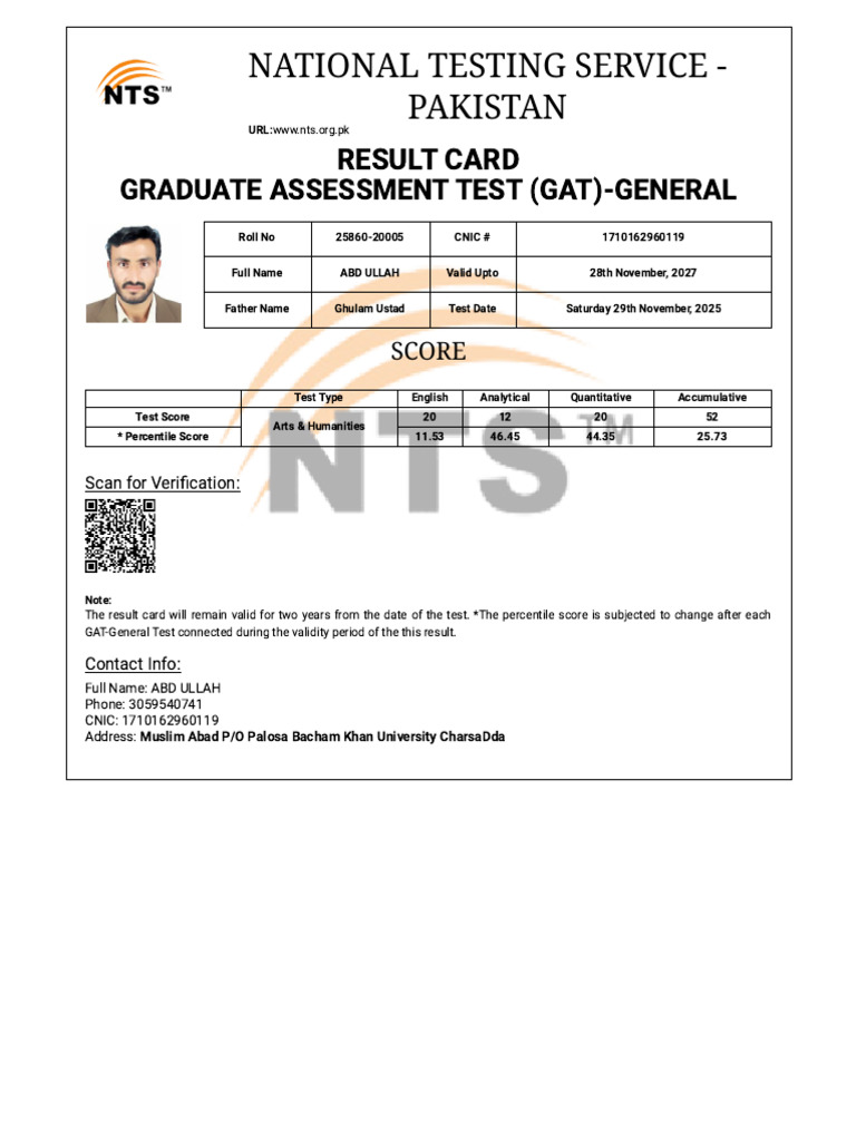 GAT-General Result Card for Abd Ullah | PDF