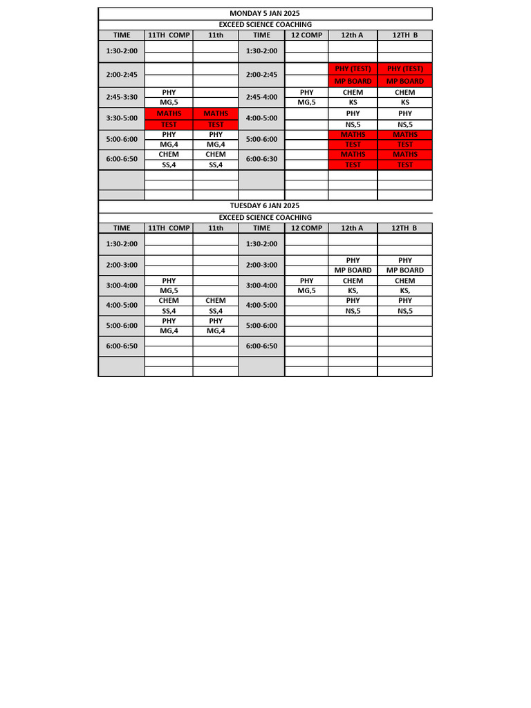 Time Table Esc 5 Jan & 6 Jan 2026 | PDF