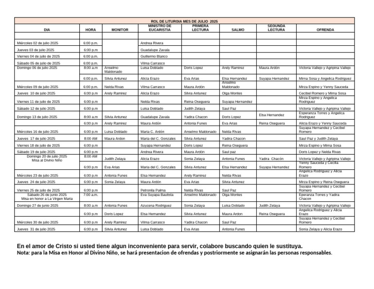 ROL DE LITURGIA MES DE JULIO C. 2025 | PDF
