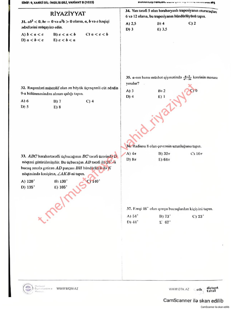 OTK 9- cu sinif №5 B variantı 11.01.2026 | PDF