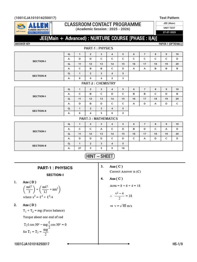 2707 Nurture Phase-I a Answerkey Solution P | PDF | Physics | Chemistry