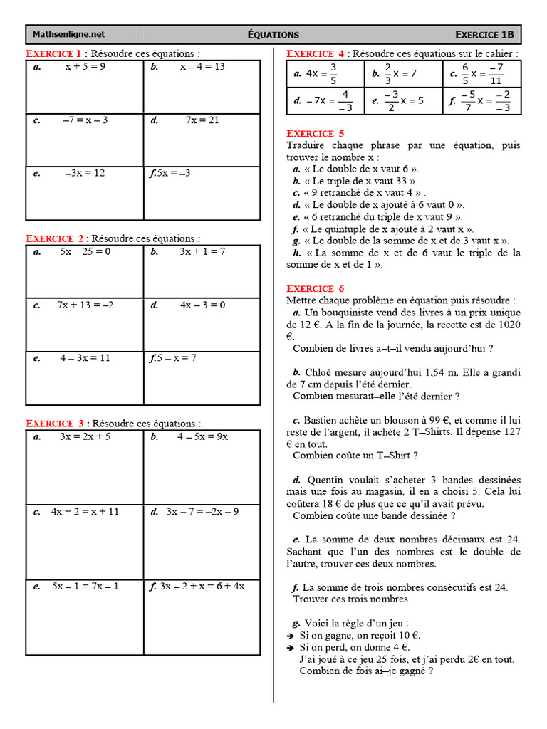 Résolution d'équations simples et problèmes | PDF