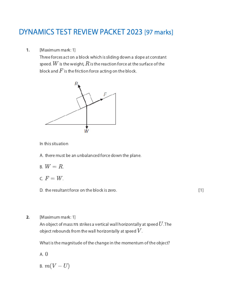 DYNAMICS TEST REVIEW PACKET 2023 (2) | PDF | Force | Mass